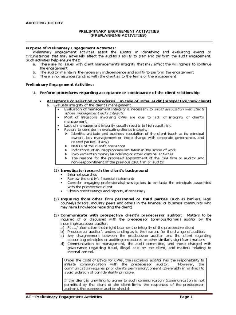 At Lecture 4 - Preliminary Engagement Activities | PDF | Audit ...