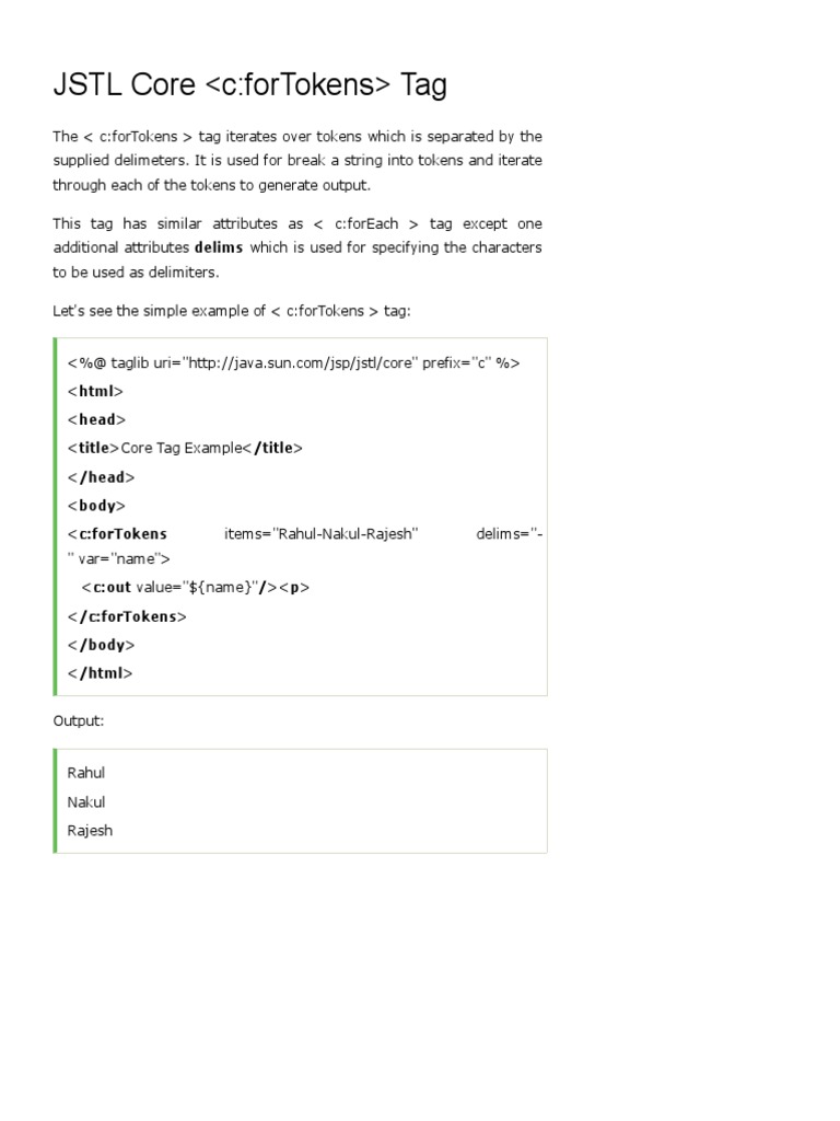 JSTL Core C - Fortoken Tag - Javatpoint | PDF