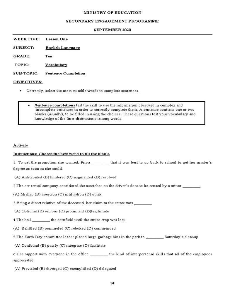 Grade 10 English Language Week 5 Lesson 1 and Answer Sheet | PDF ...
