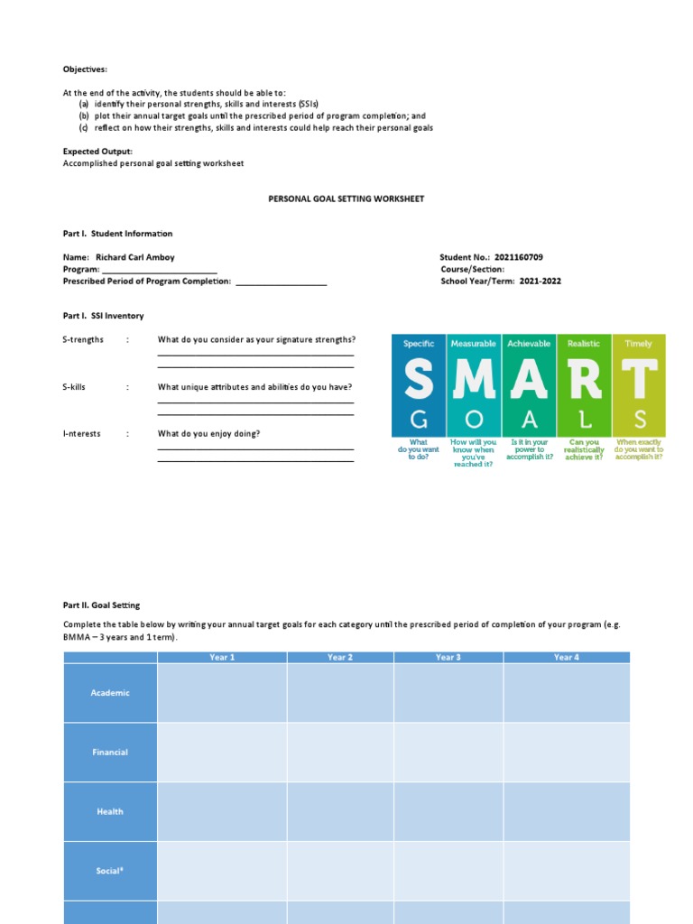 VE021 Personal Goal Setting - Template | PDF | Goal Setting | Goal