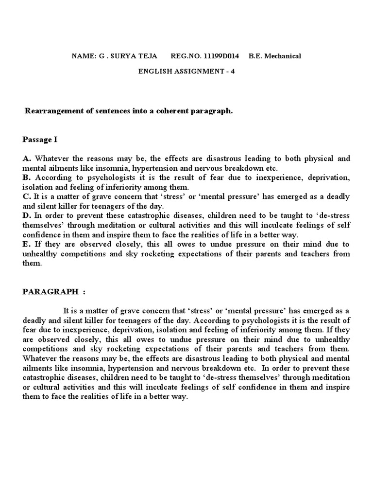 NAME: G - SURYA TEJA REG - NO. 11199D014 B.E. Mechanical English Assignment - 4 | PDF ...