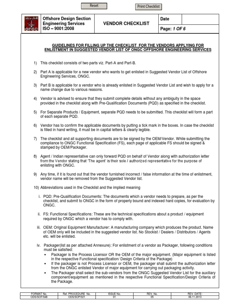 ONGC OES Vendor Checklist Rev 5 06 11 2013 2 2 PDF | PDF ...