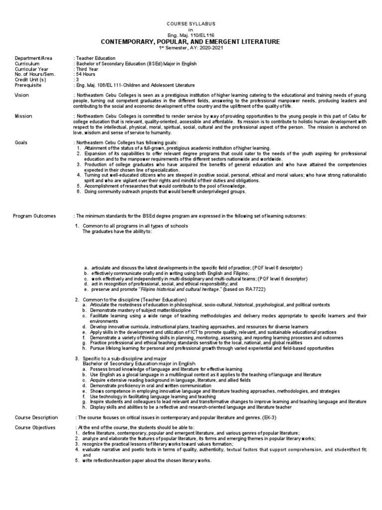 Contemporary, Popular and Emergent Literature | PDF | Curriculum | Genre