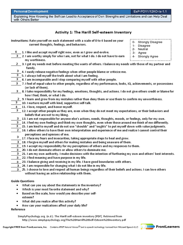 Harill Self-Esteem Inventory Guide | PDF | Self Esteem | Psychological ...