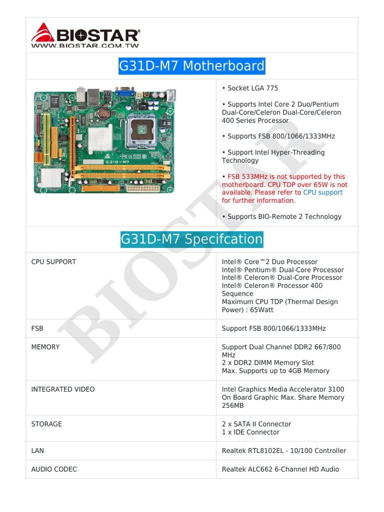 Biostar g31d-m7 Spec | PDF | Computer Engineering | Computer Architecture