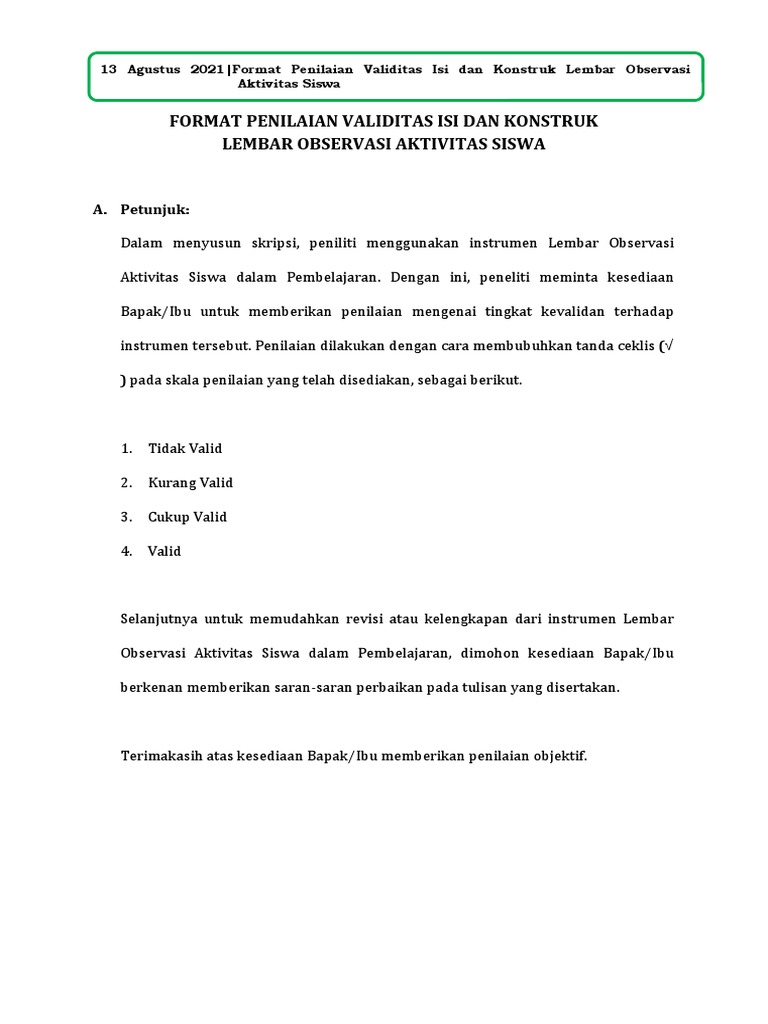 Format Penilaian Validasi Isi Dan Konstruksi Loas | PDF
