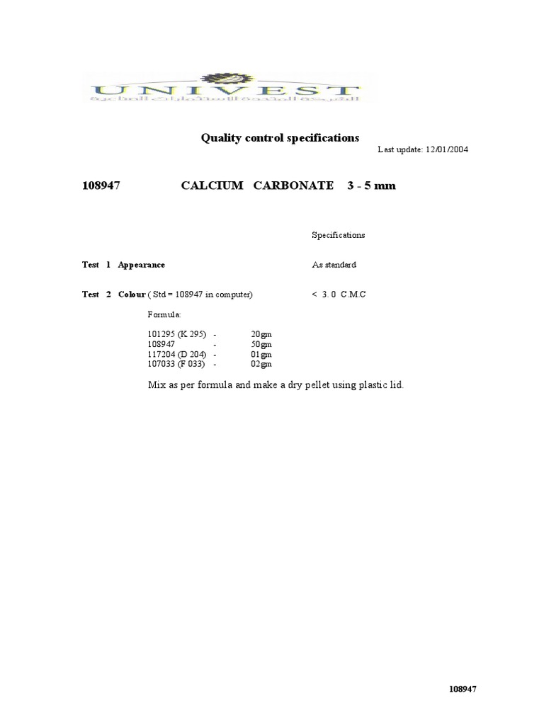 Quality Control Specifications: Last Update: 12/01/2004 | PDF