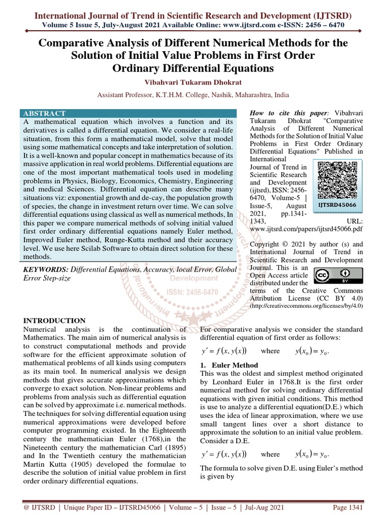 Comparative Analysis of Different Numerical Methods For The Solution of Initial Value Problems ...
