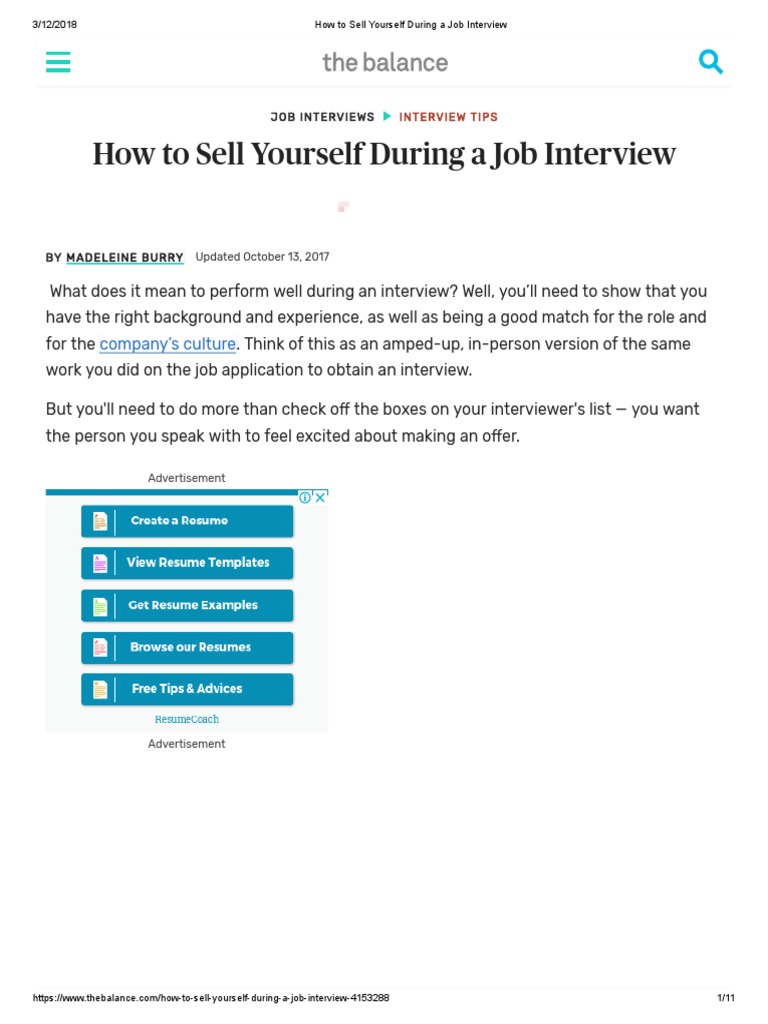 How To Sell Yourself During A Job Interview | PDF | Job Interview ...
