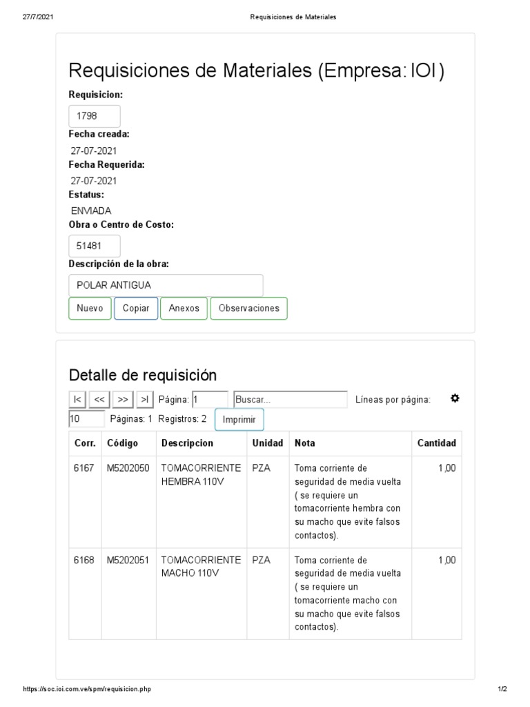 Requisiciones de Materiales #1798 | PDF