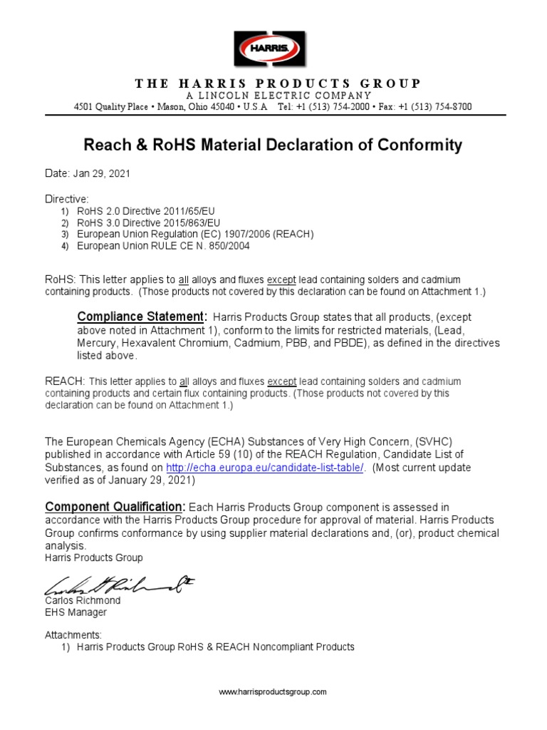 Reach & Rohs Material Declaration of Conformity: The Harris Products ...