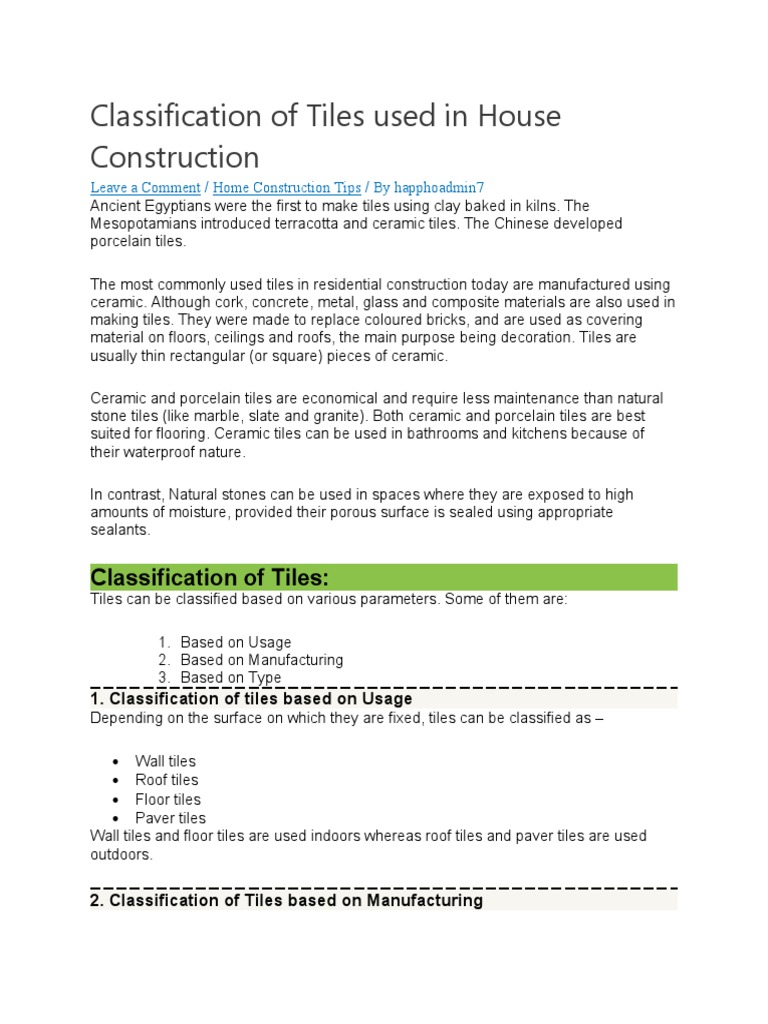 Classification of Tiles Used in House Construction | PDF | Tile | Ceramics