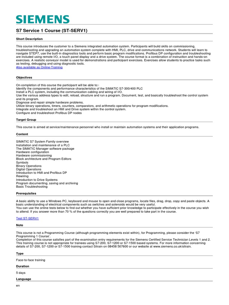 S7 Service 1 Course (ST-SERV1) : Short Description | PDF | Programmable Logic Controller ...