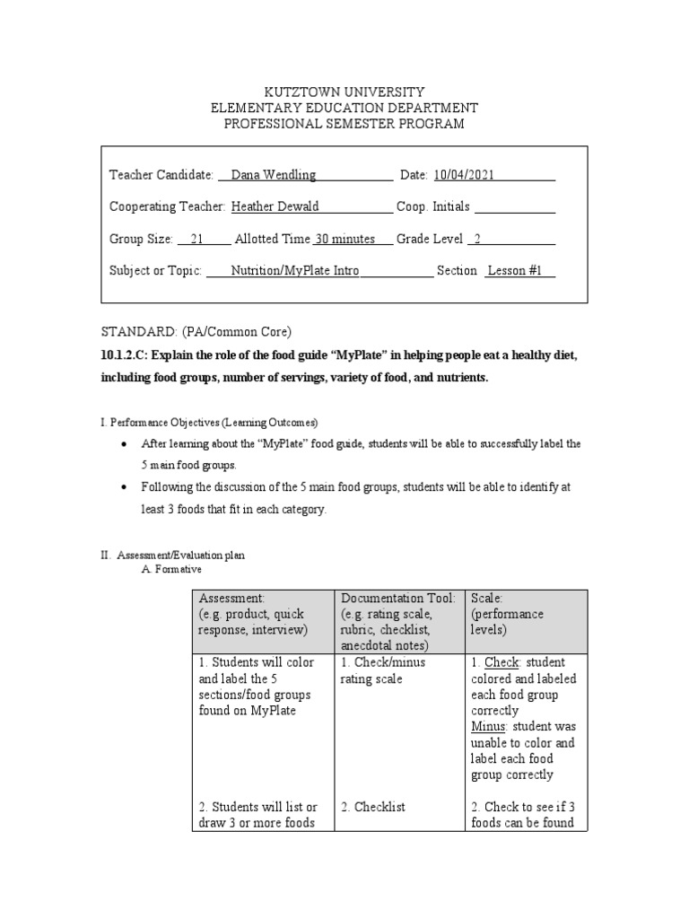 Nutrition Myplate Intro Lesson 1 | PDF | Foods | Educational Assessment