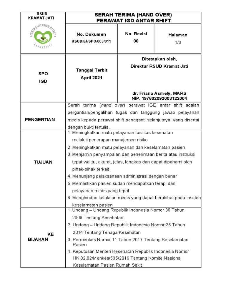 SPO Hand Over Perawat IGD | PDF