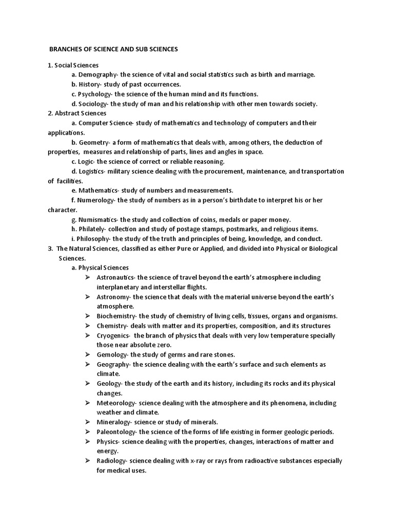 Overview of Science Branches and Subfields | PDF | Science | Biology