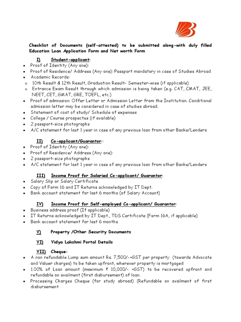 Bank of Baroda Education Loan Checklist | PDF | Banks | Loans