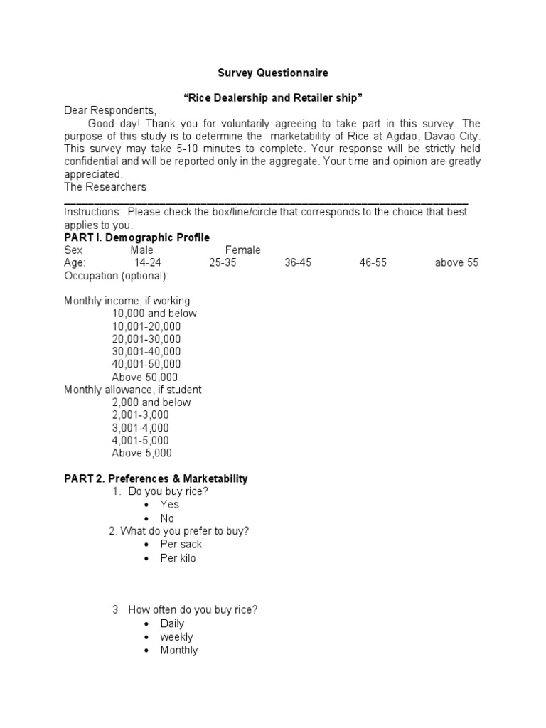 Group 1 Survey Questionnaire | PDF | Rice | Business Process