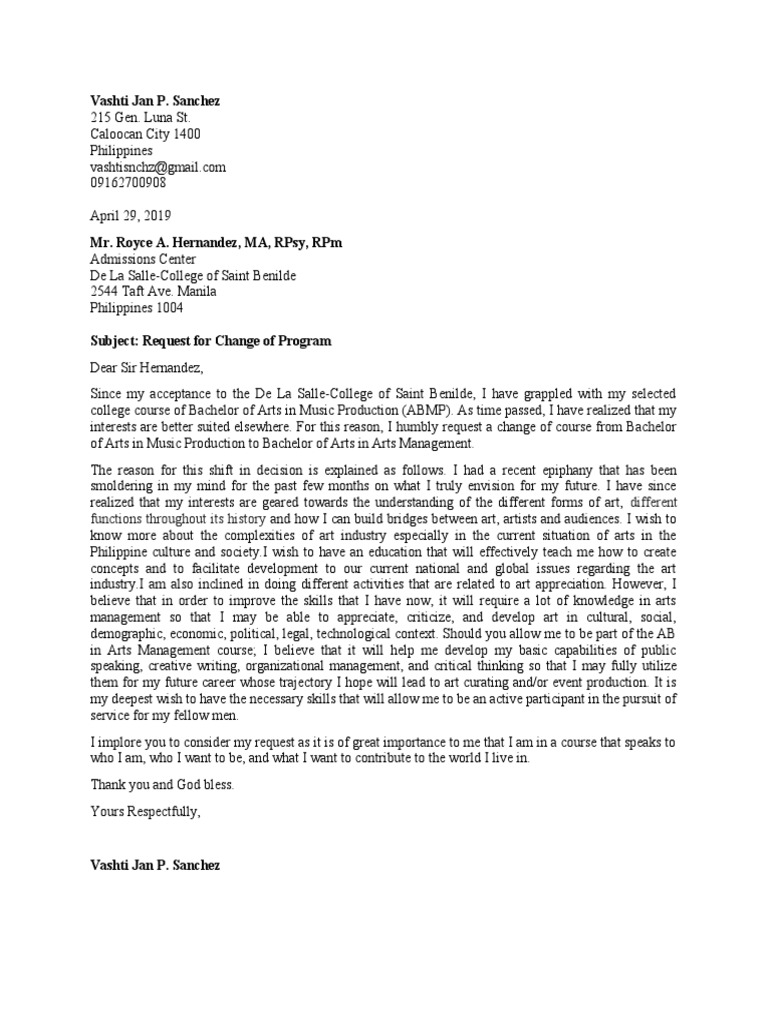 Request for Change of Program from ABMP to AB in Arts Management | PDF ...