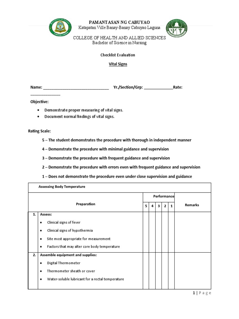 Vital Signs Checklist | Download grátis PDF | Blood Pressure | Pulse