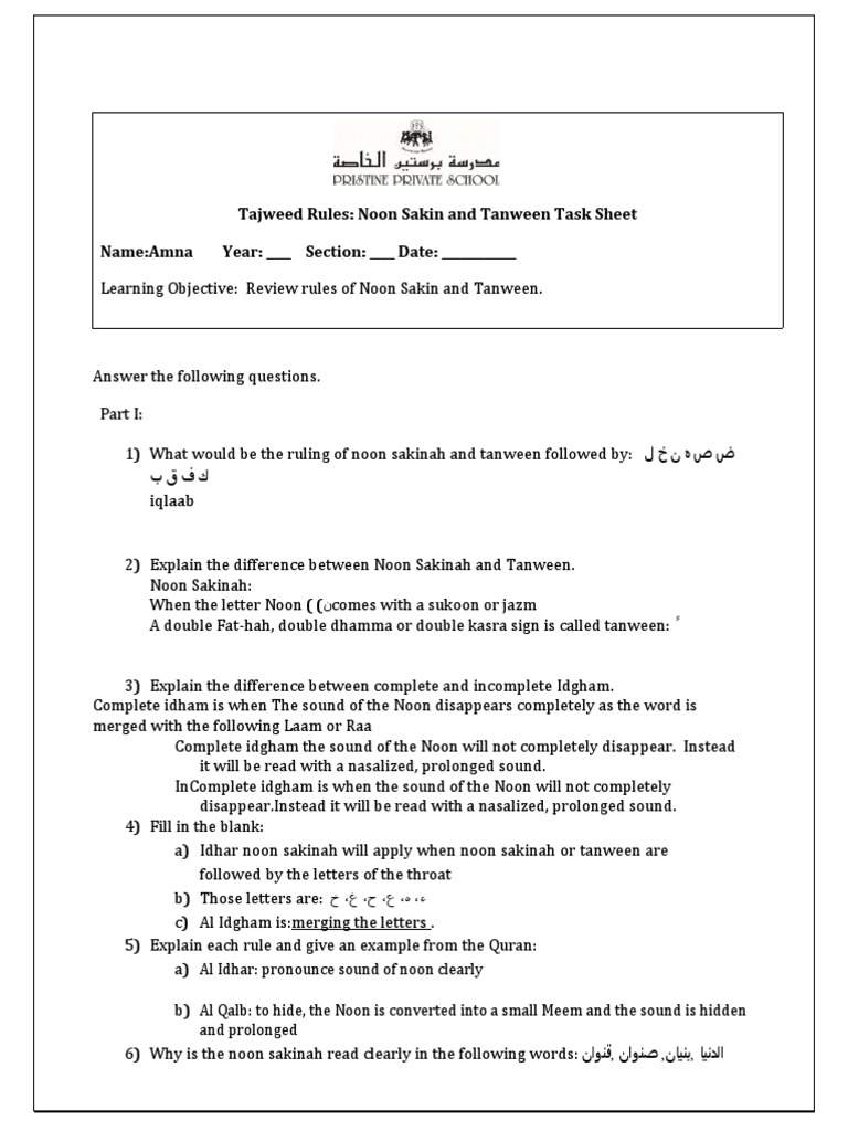 Tajweed Rules: Noon Sakin and Tanween Task Sheet Name:Amna Year ...
