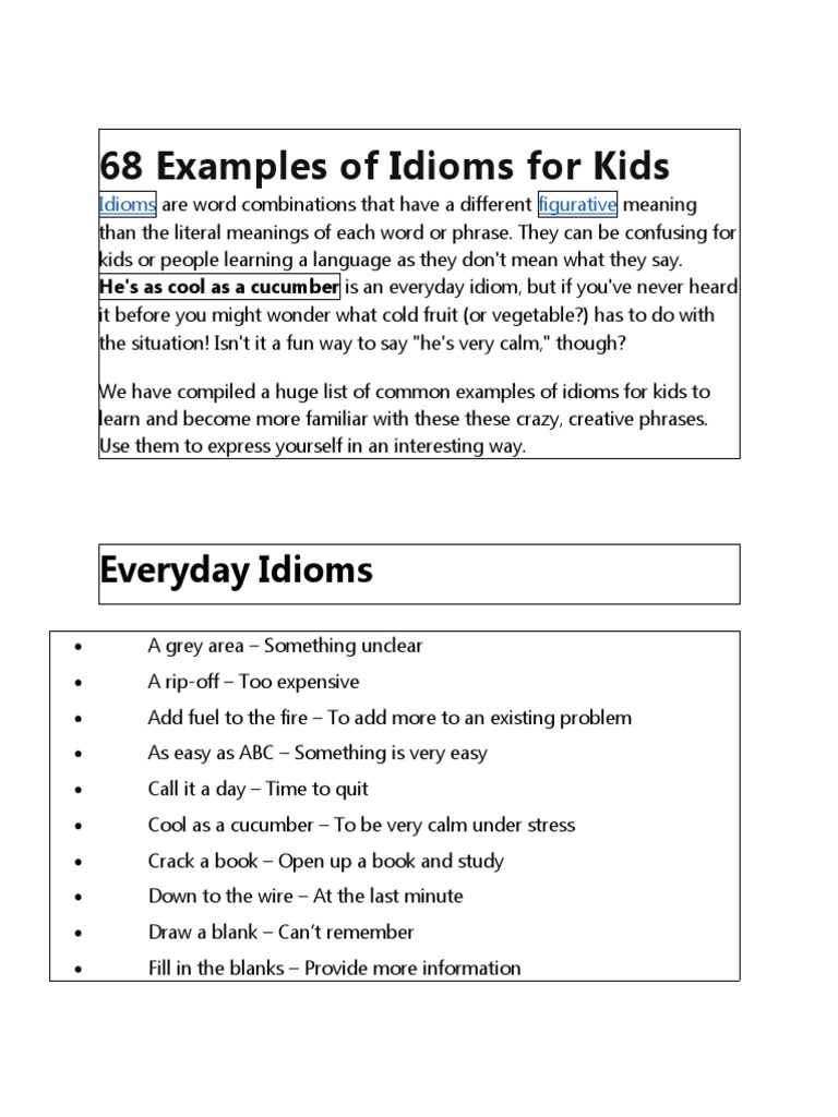68 Examples of Idioms For Kids | PDF | Idiom