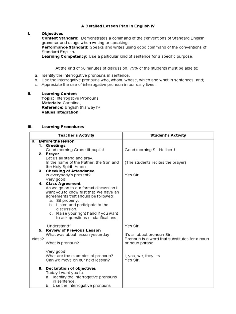 A Detailed Lesson Plan in English III - DEMO TEACHING | PDF | Pronoun ...