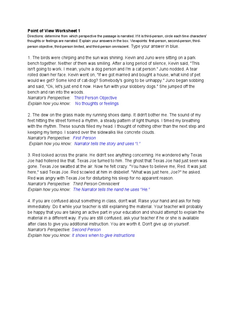 Point of View Worksheet 1: Narrator's Perspective: Explain How You Know ...