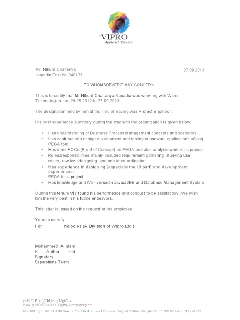 Wipro Experience Letter 1 638 | PDF