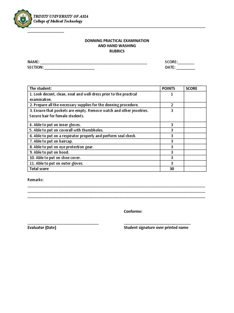 PPE Donning and Doffing Rubrics | PDF | Glove | Personal Protective ...