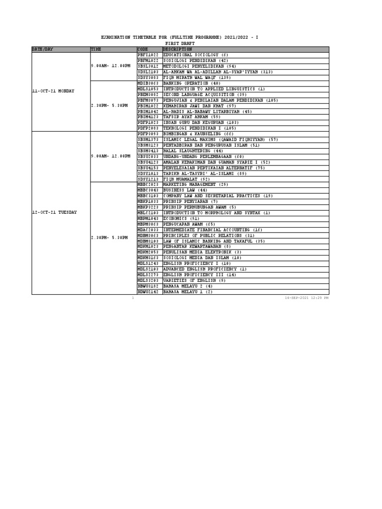 2021/2022 Exam Timetable Draft | PDF | Islamic Philosophy | Semitic Words And Phrases