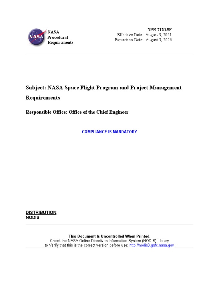 Subject: NASA Space Flight Program and Project Management Requirements ...