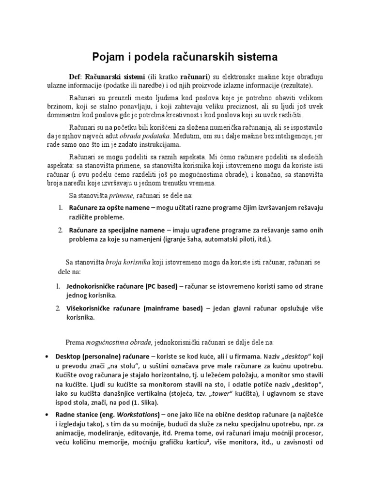 Pojam I Podela Računarskih Sistema - Lekcija 1 | PDF