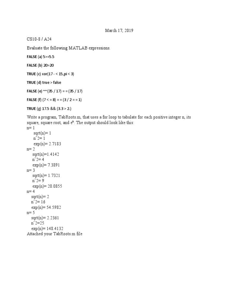March 17, 2019 CS10-8 / A24 Evaluate The Following MATLAB Expressions | PDF