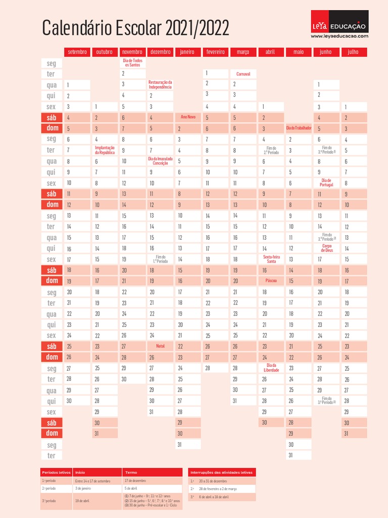 Calendário Escolar 2021/22 | Download grátis PDF | Portugal
