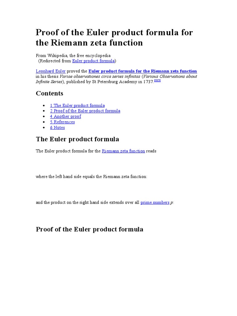 Proof of The Euler Product Formula For The Riemann Zeta Function | PDF ...