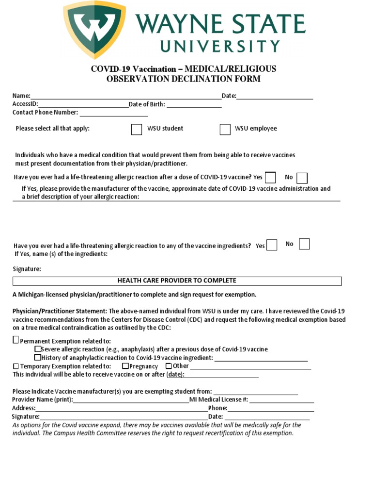 WAYNE STATE U Covid Vaccine Declination Form | PDF | Vaccines | Medical ...