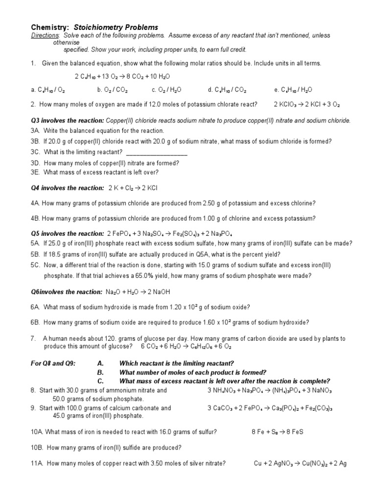 Stoichiometry Worksheet | PDF | Stoichiometry | Chemistry