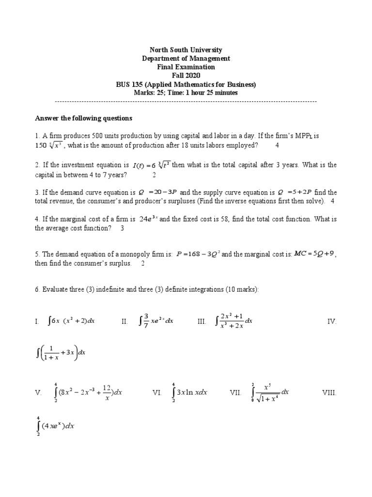 North South University Department of Management Final Examination Fall 2020 BUS 135 (Applied ...