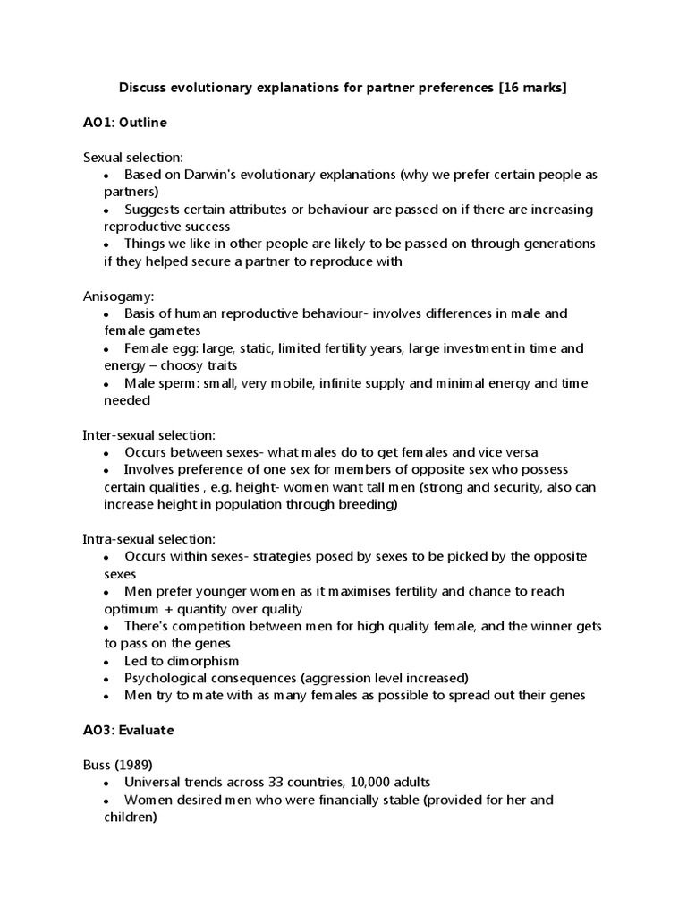 Discuss Evolutionary Explanations For Partner Preferences PLAN | PDF ...