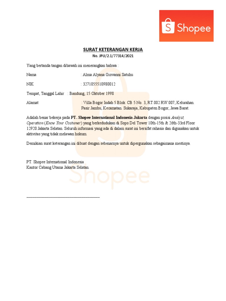 Surat Keterangan Kerja | PDF