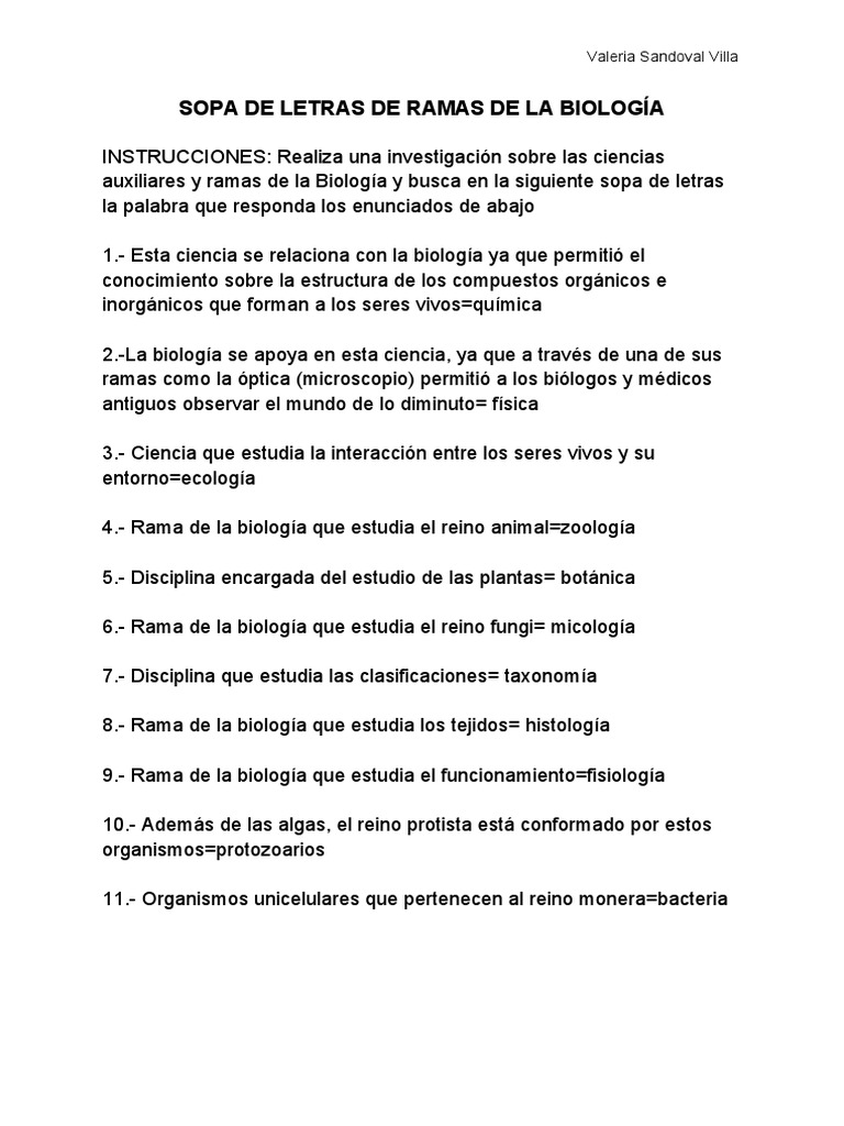Sopa de Letras Ramas de Biologia | PDF
