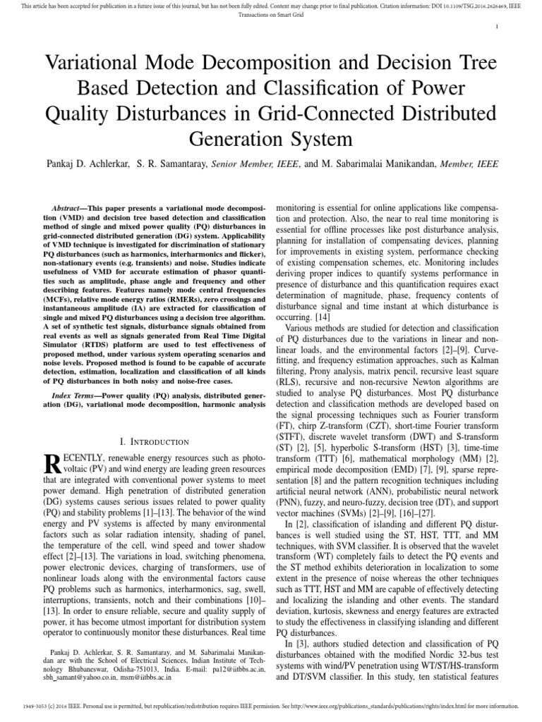Variational Mode Decomposition and Decision Tree Based Detection and Classification of Power ...