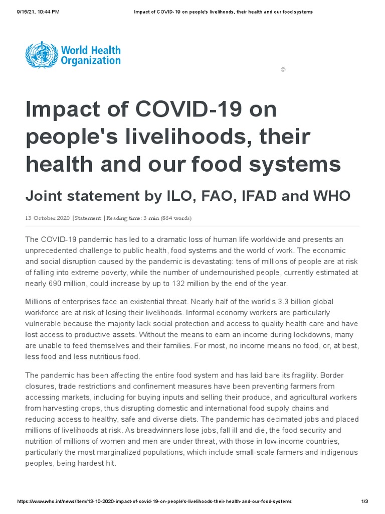 Impact of COVID-19 On People's Livelihoods, Their Health and Our Food Systems | PDF | Food ...