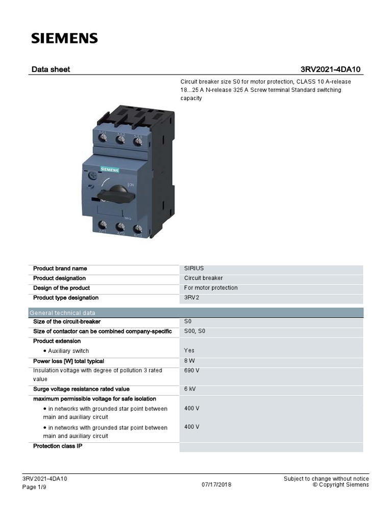 Siemens MPCB 3RV20214DA10 Datasheet | PDF | Alternating Current ...