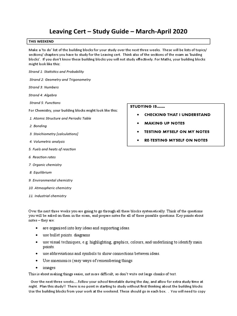 Leaving Cert Study Plan Guide | PDF | Workweek And Weekend | Chemistry