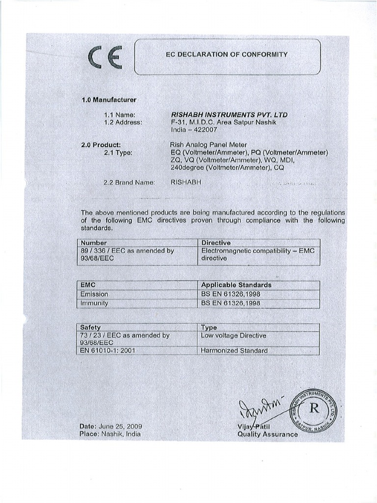 Rishabh Freq Ce Certificate | PDF