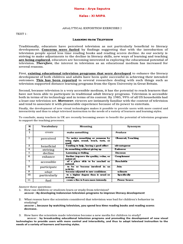 Analytical Exposition Exercises 2 | PDF | Literacy | Learning