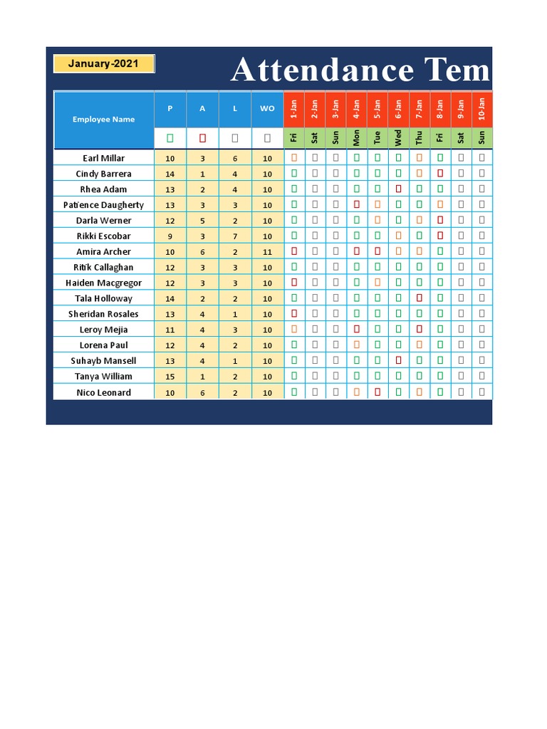 Attendance Template With Symbols: January-2021 | PDF