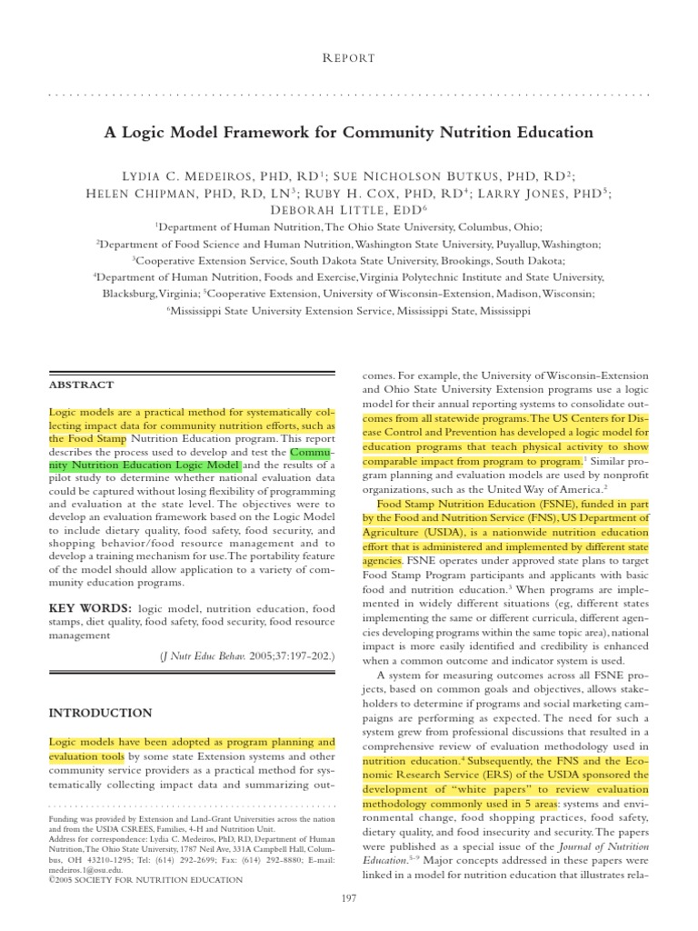 Logic Model Approach Framework in Nutrition Education | PDF | Foods ...